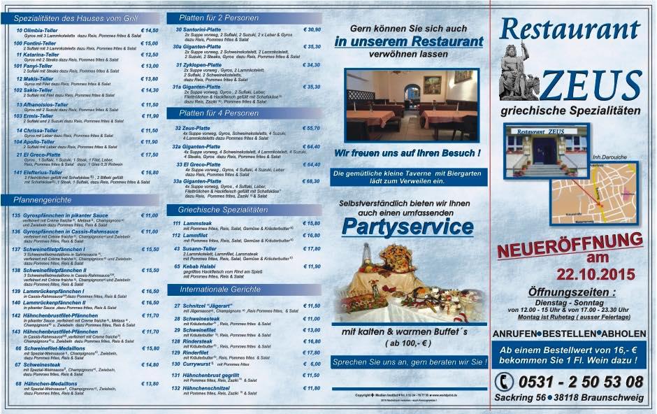 Speisekarte von Zeus restaurant, Braunschweig
