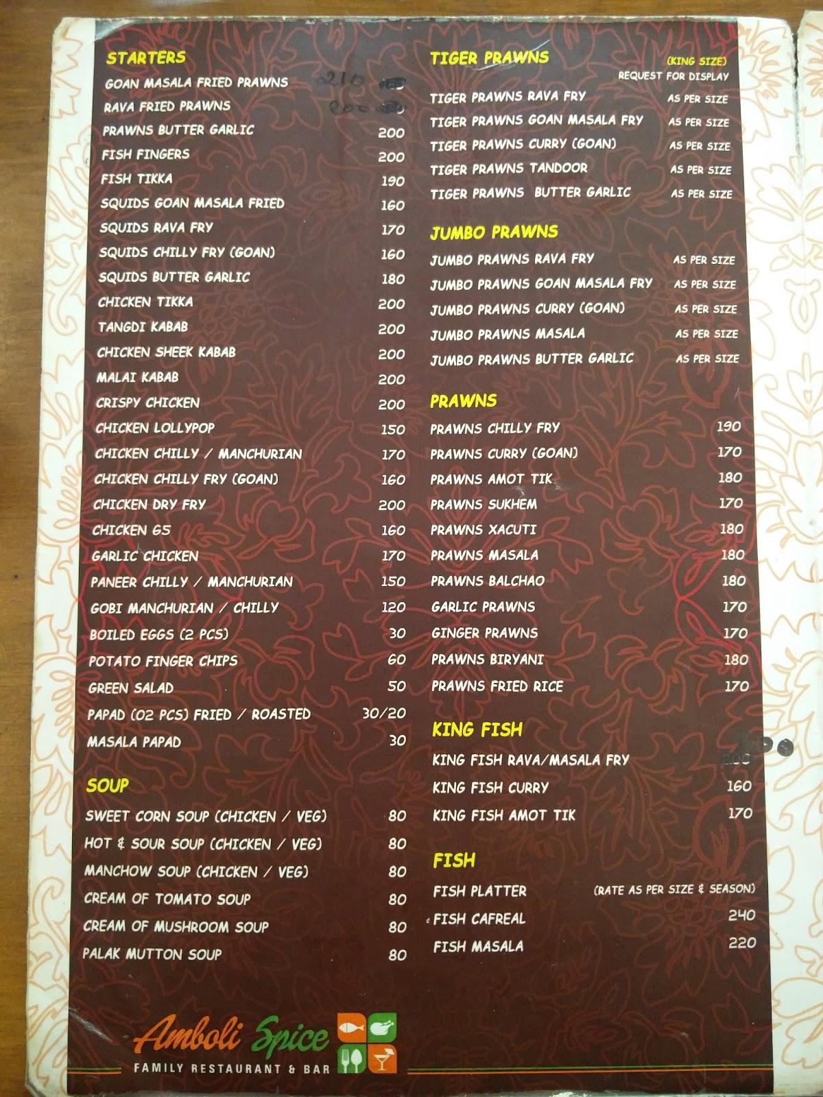 Menu at Amboli Spice Fly Restaurant & Bar, Bambolim
