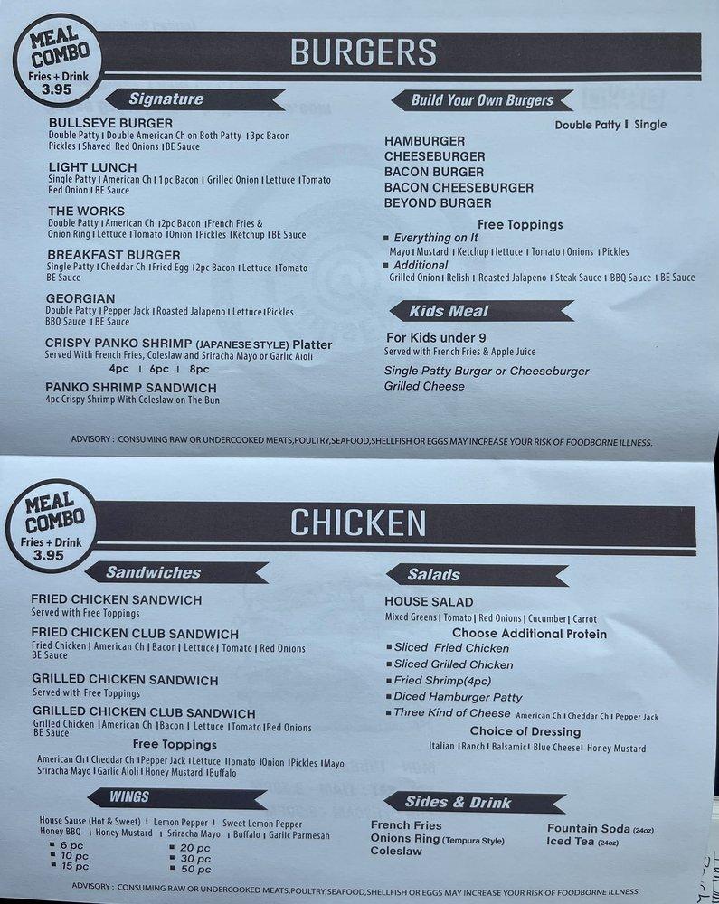 Carta del restaurante Bullseye Burgers & Chicken, Flowery Branch