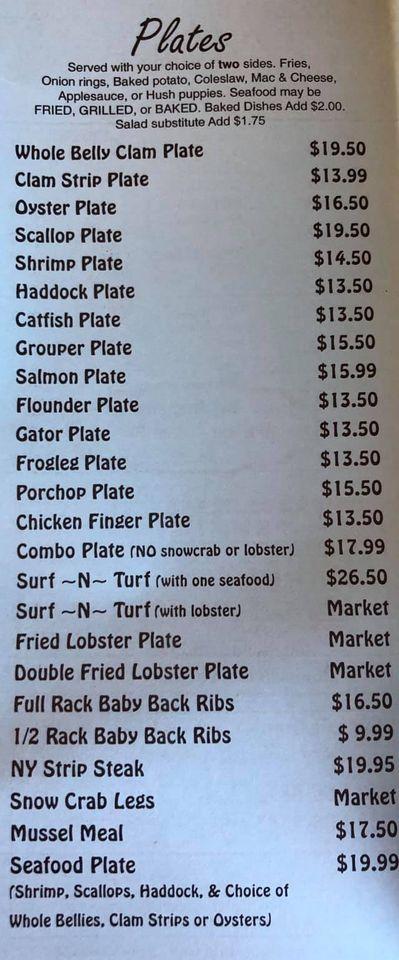 Menu at Essex Seafood House (two) restaurant, Pierson