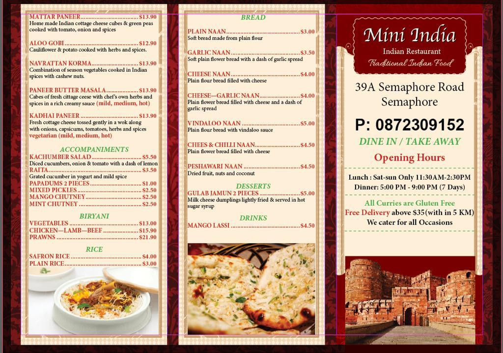 Menu at Mini India restaurant, Semaphore