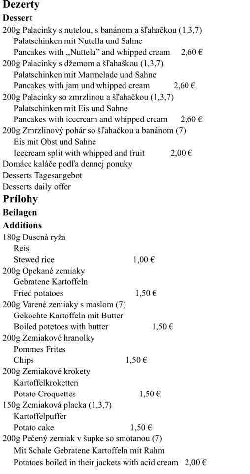 Carta del restaurante Restauracia Jana Schwarzova, Častá
