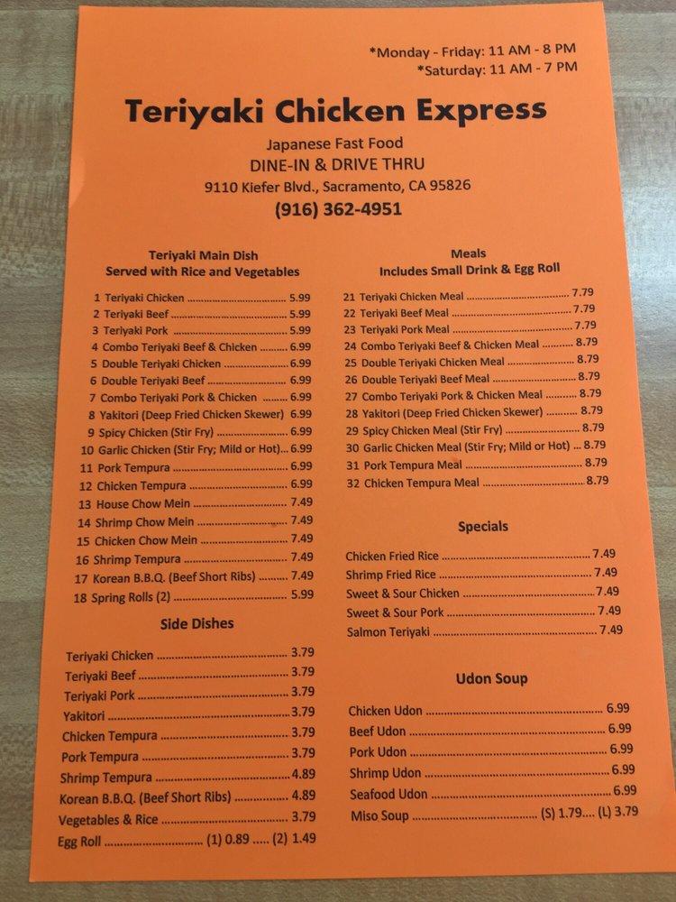 Menu at Teriyaki Chicken Express restaurant, Sacramento, Kiefer Blvd