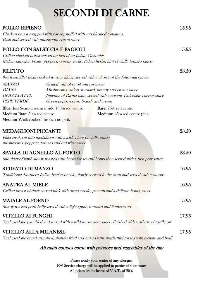 Menu at Villa Romana Fareham restaurant, Fareham, The Old Coach House