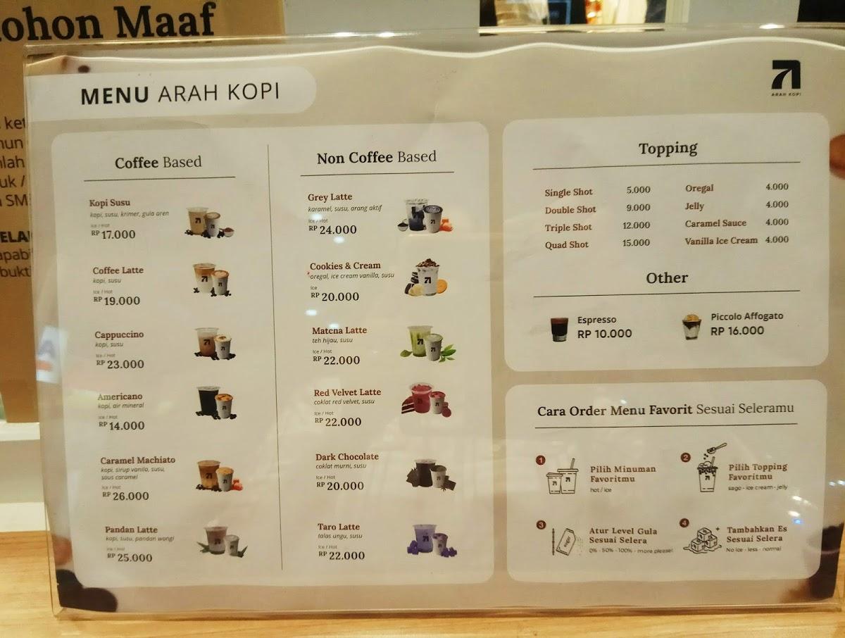 Menu at ARAH Coffee Pahlawan Bogor, Bogor