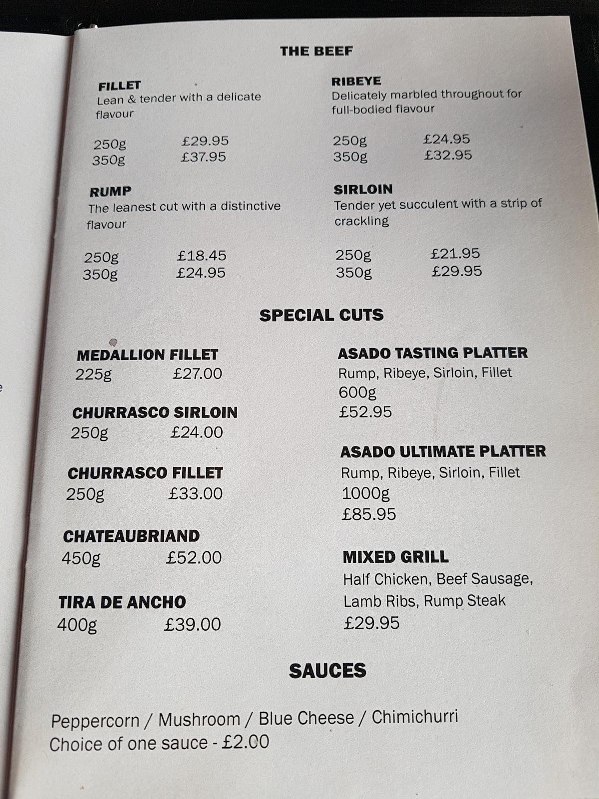 Menu at Asado Steakhouse, London