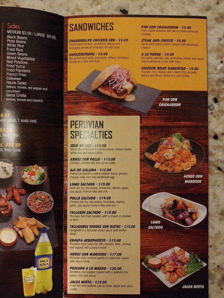 Menu at Bravo Peruvian Chicken restaurant, Chantilly