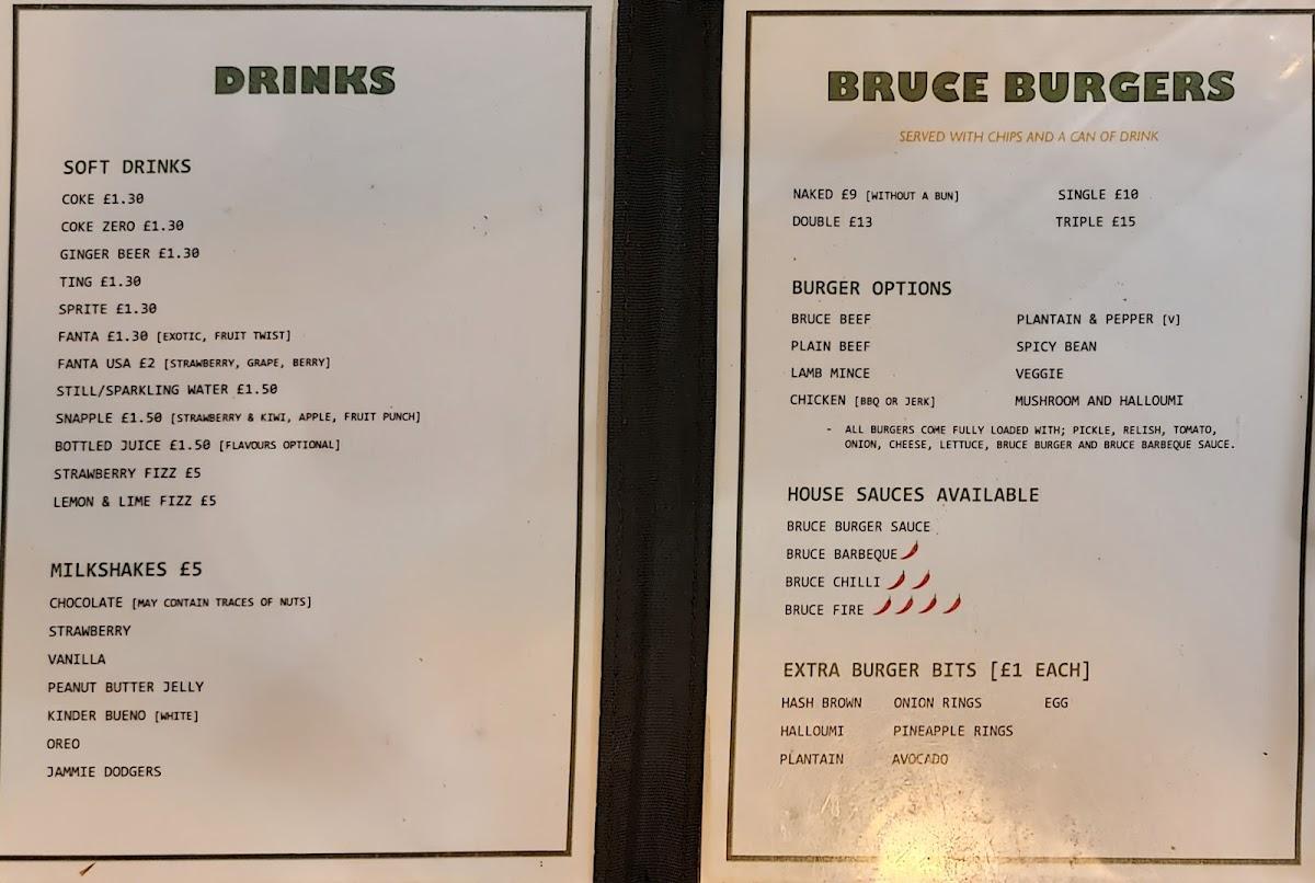Menu at Bruce Burgers restaurant, London