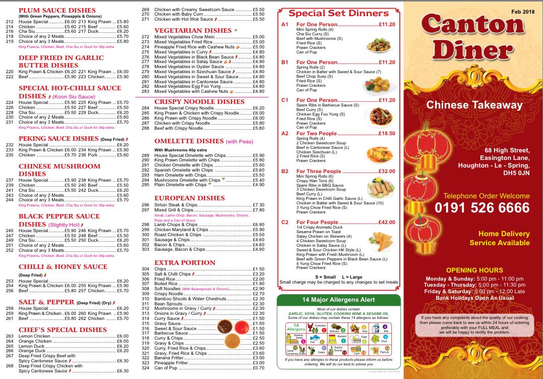 Menu at Canton Diner Chinese Takeaway fast food, Houghton le Spring