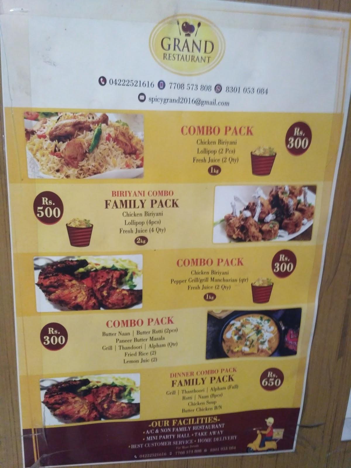 Menu at Grand Restaurant, Coimbatore, Door No.1026
