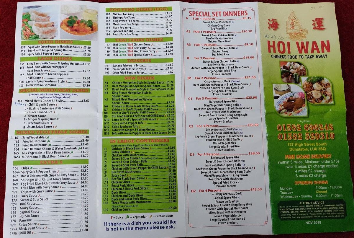 Menu at Hoi Wan fast food, Dunstable