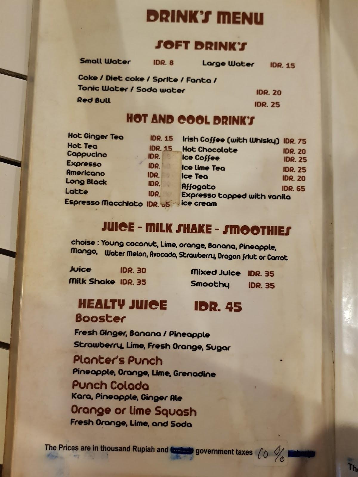 Carta de La Moomba Bar & Restaurant, Gili Indah
