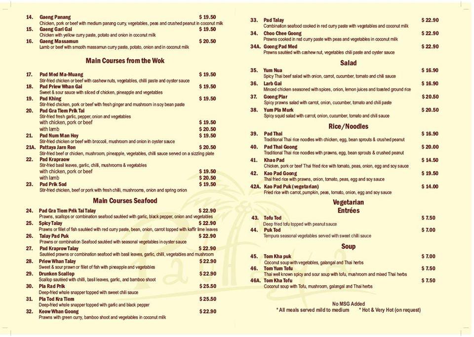Menu at Pattaya Thai cuisine fast food, Auckland