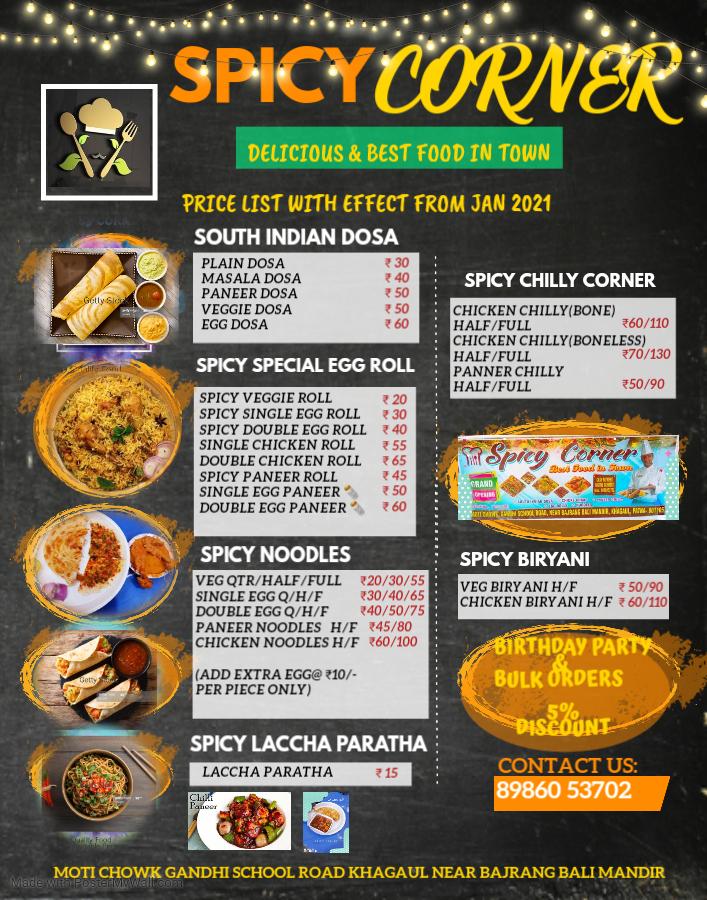 Menu at Spicy Corner, Patna, Gandhi School Rd