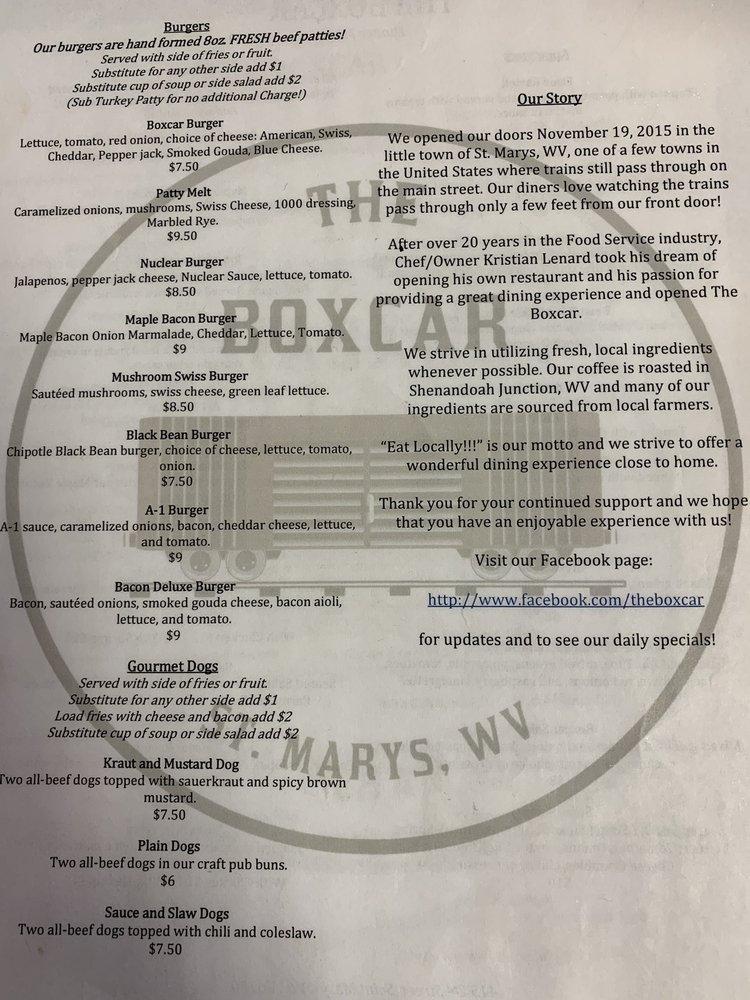 Menu at The Boxcar of Saint Marys restaurant, Saint Marys