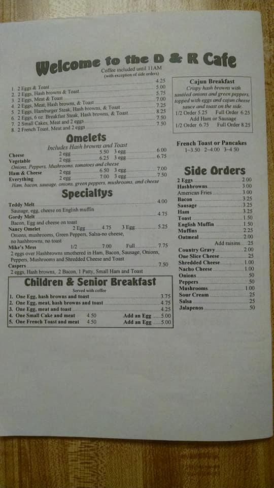 Menu at D & R Cafe, Bagley