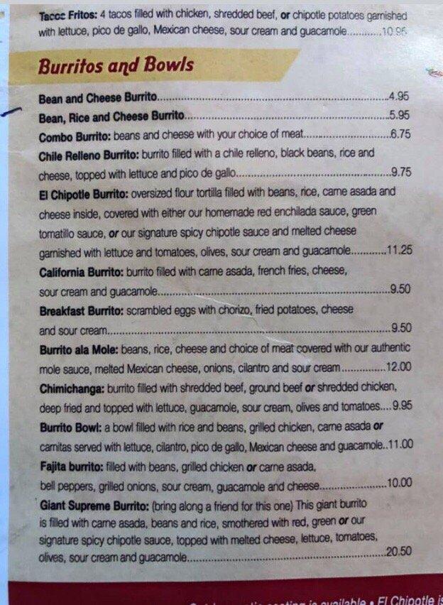 Menu at El Chipotle Mexican & American Food restaurant, Arcata