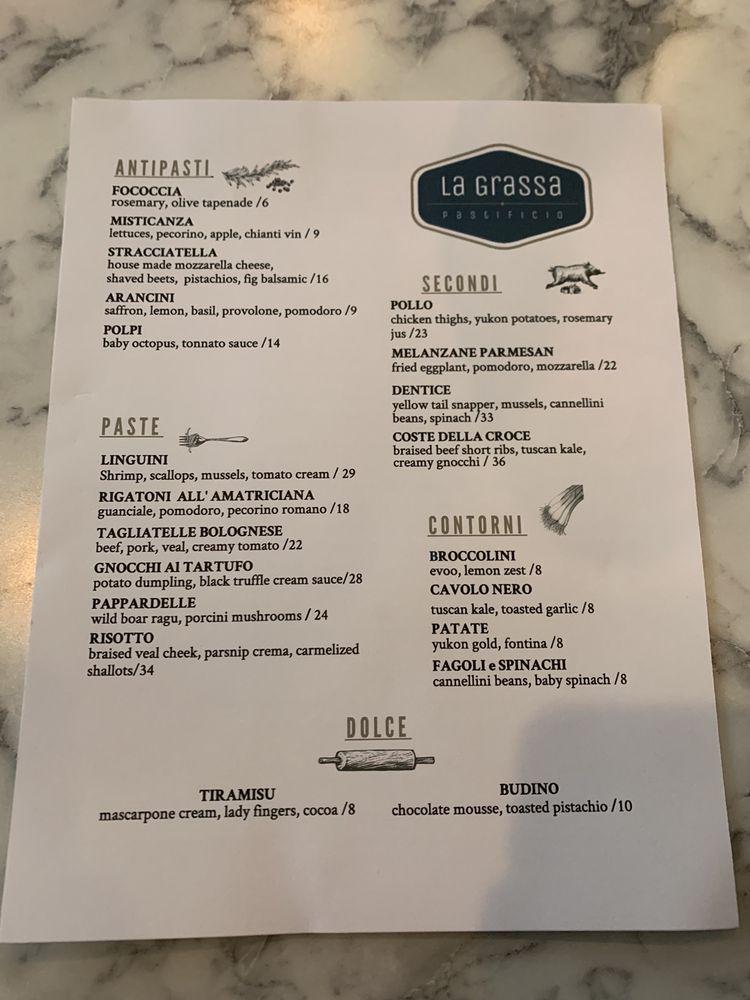 Menu at La Grassa Pastificio restaurant, Cary