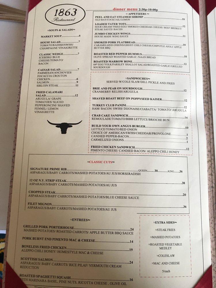 Menu at 1863 Restaurant, Gettysburg