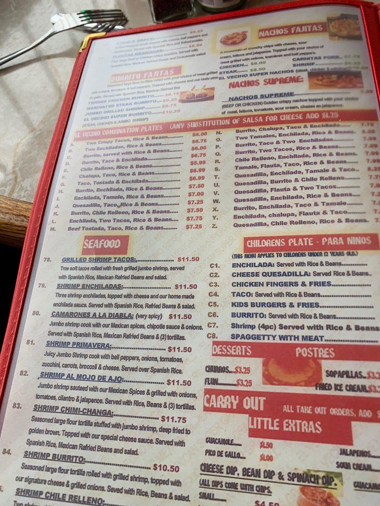 Menu at El Vecino Mexican Restaurant, Birmingham
