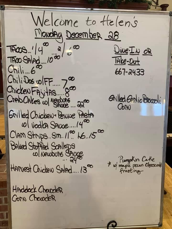 Menu at Helen's Restaurant of Ellsworth, Ellsworth