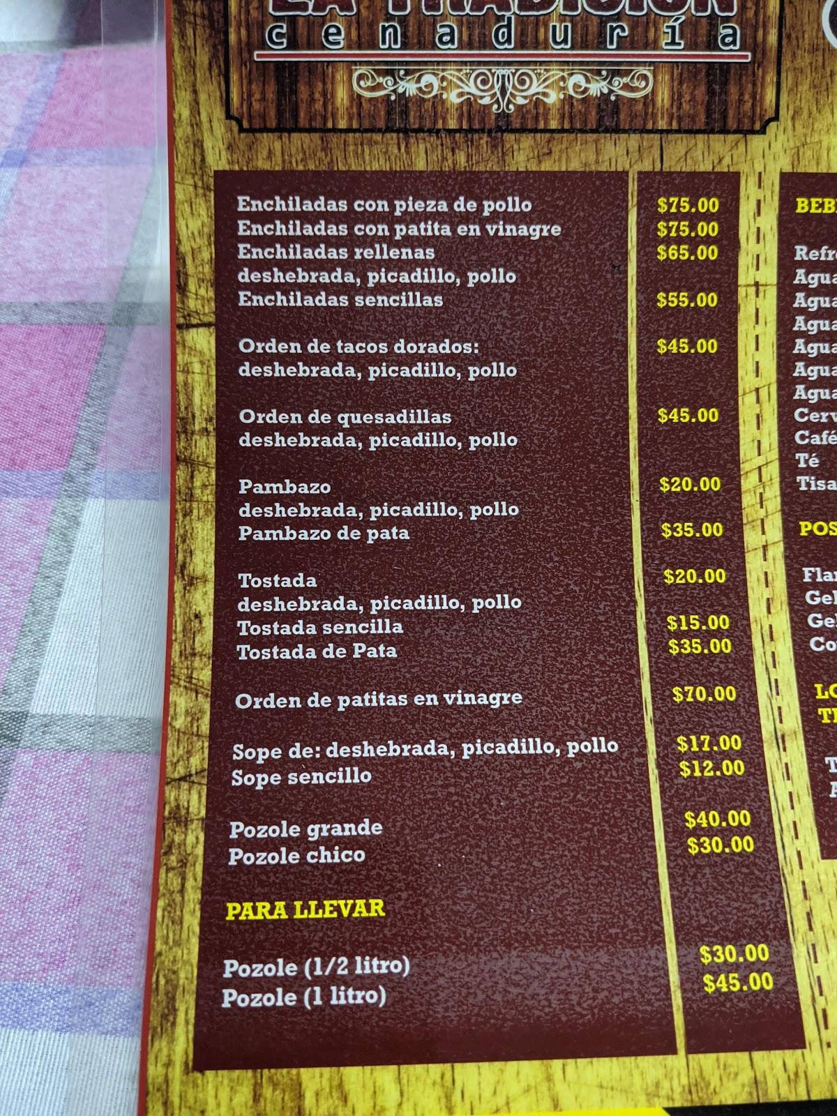 Menu at LA TRADICIÓN Cenaduría restaurant, Zitácuaro, Moctezuma Ote. 6