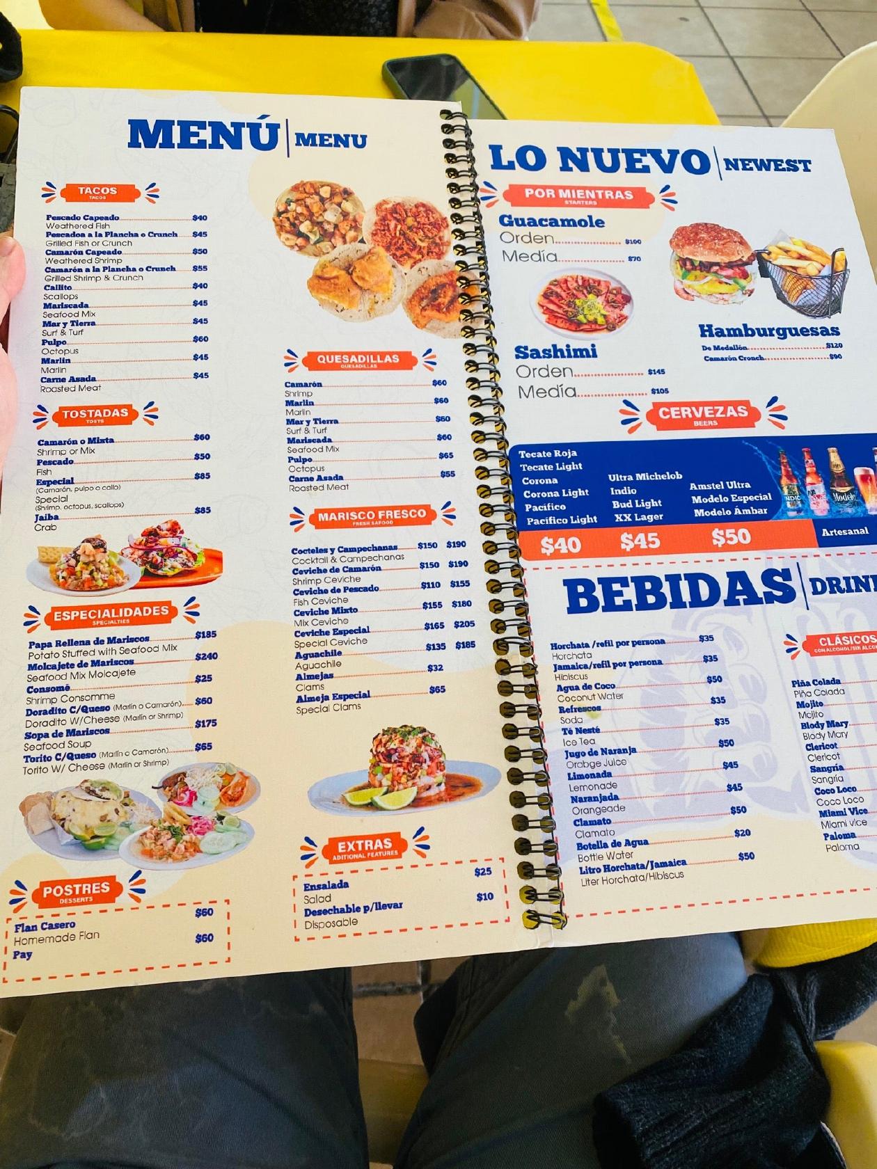 Menu at Los Claros restaurant, Cabo San Lucas, Ignacio Zaragoza