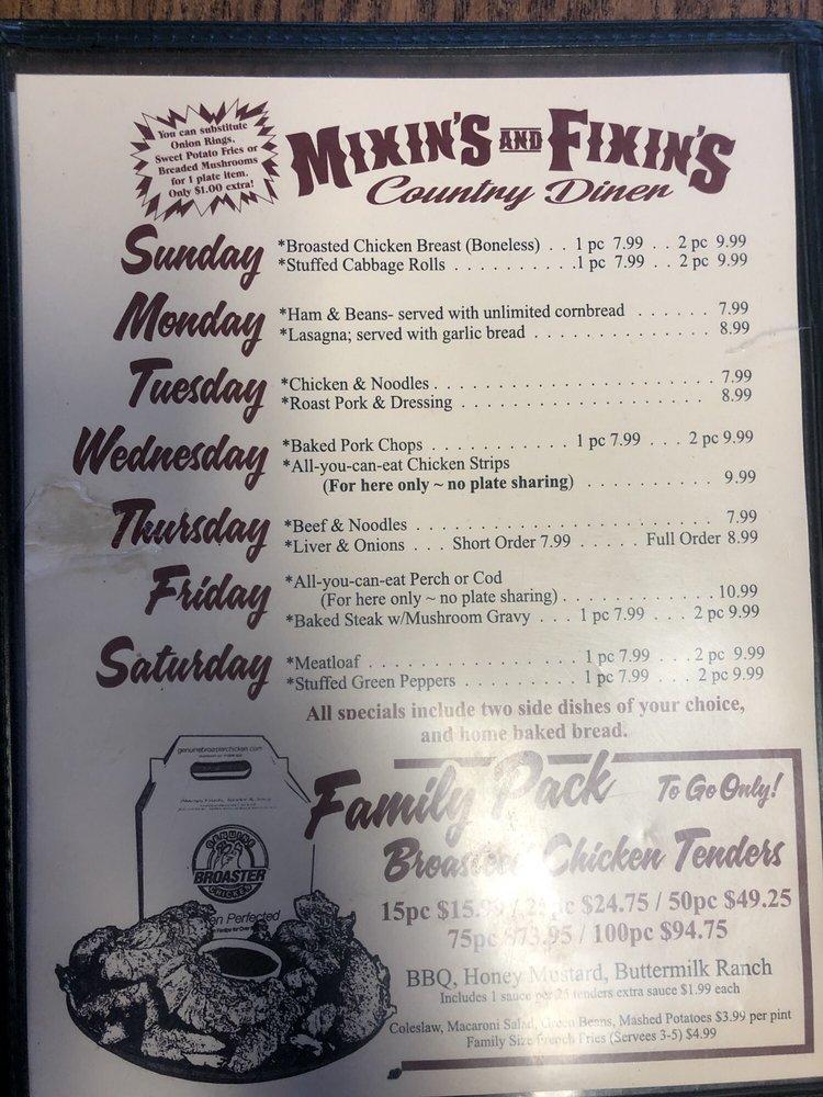 Menu at Mixin’s N Fixin’s Country Diner restaurant, Mechanicsburg