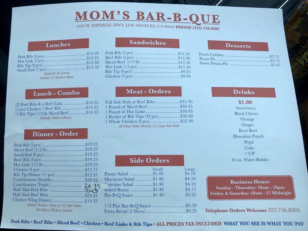 Menu at Mom's Bar-B-Q, Los Angeles