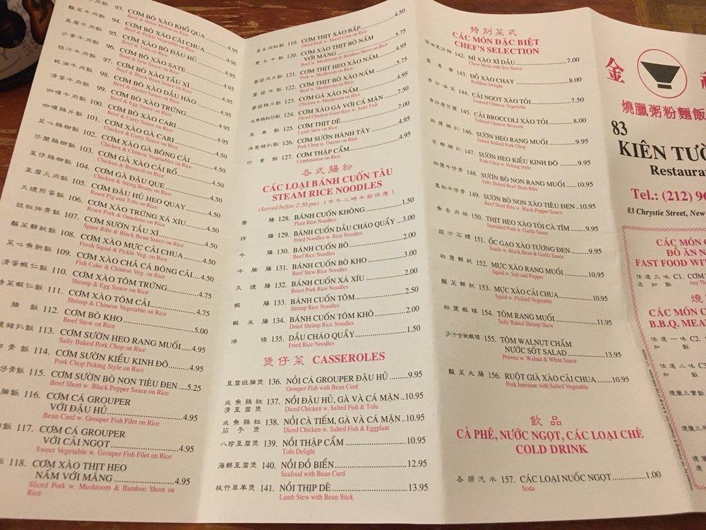 Menu at New Kim Tuong restaurant, New York City, 83 Chrystie St