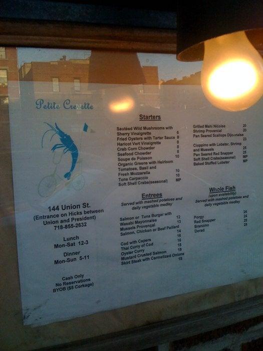 Menu at Petite Crevette restaurant, New York City, 144 Union St