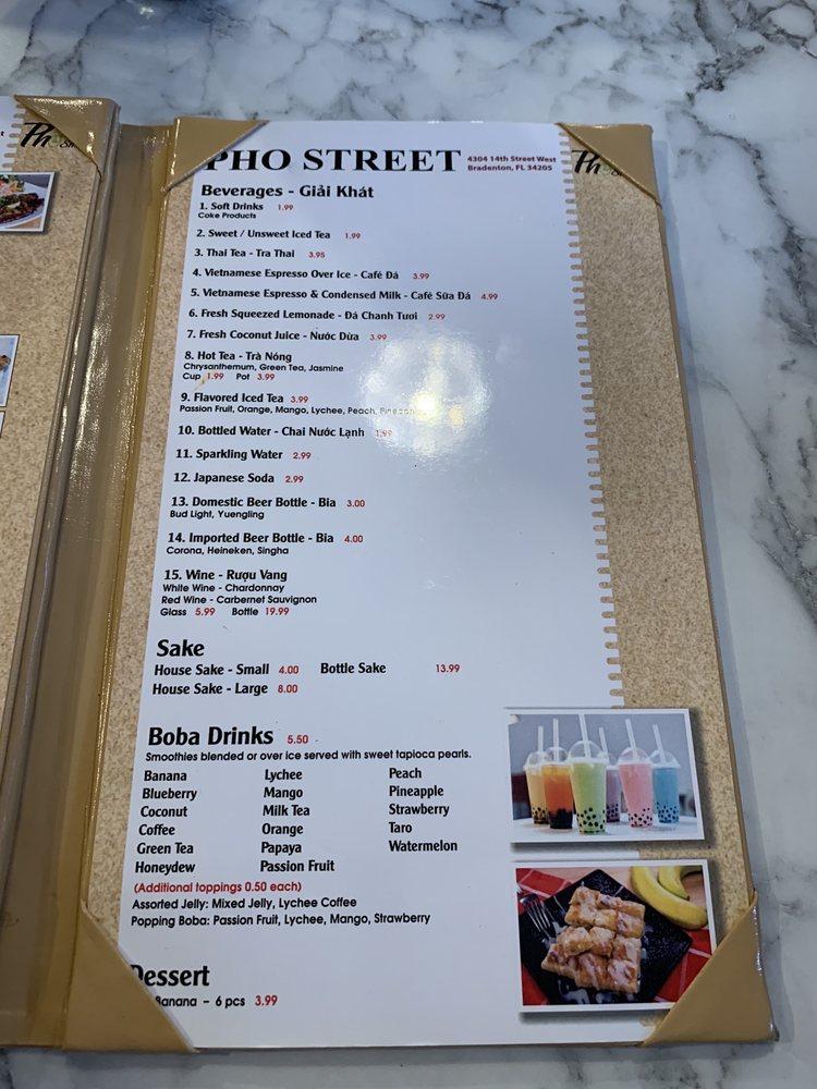 Menu at Pho Street restaurant, Bradenton
