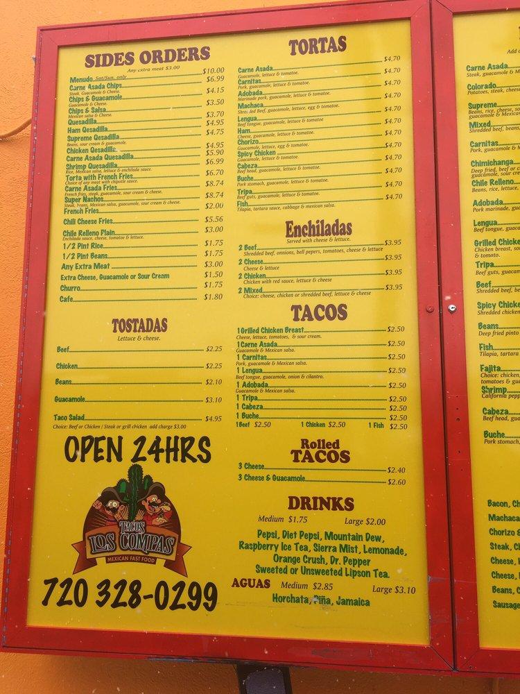 Carta de comida rápida Tacos Los Compas, Denver