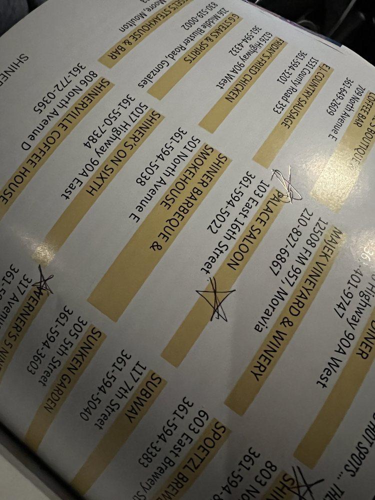 Menu at Shiner Palace Saloon pub & bar, Shiner