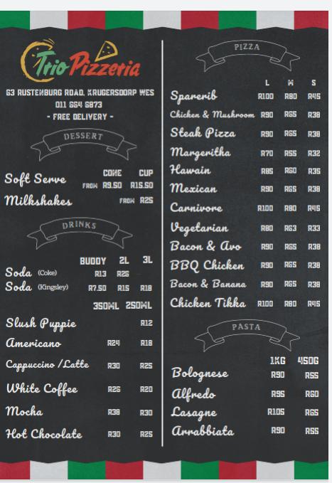 Menu at Trio Pizzeria, Krugersdorp