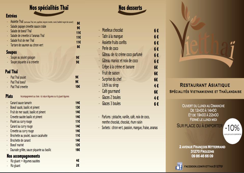 Menu at Vietthai restaurant, Frouzins
