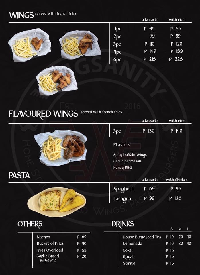 Menu at Wingsanity, Calamba