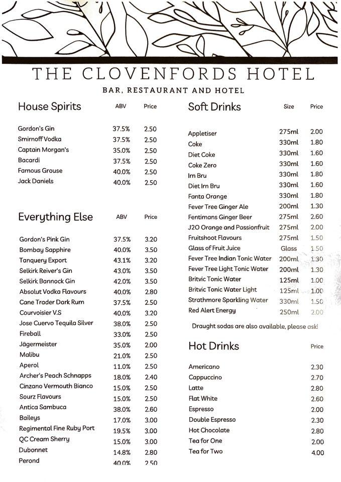 Menu at The Clovenfords Hotel pub & bar, Galashiels
