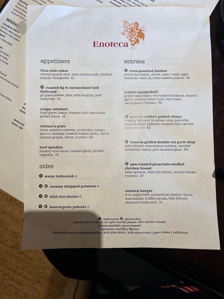 Menu at Enoteca Restaurant & Lounge, Paso Robles