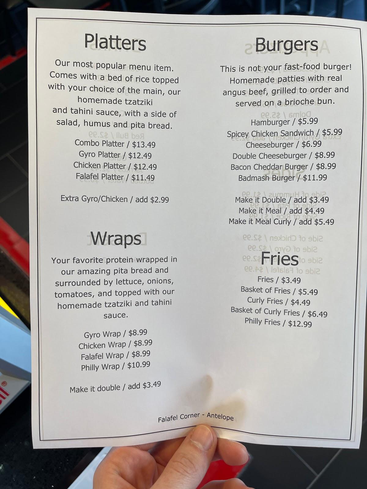 Menu at Falafel Corner restaurant, Antelope