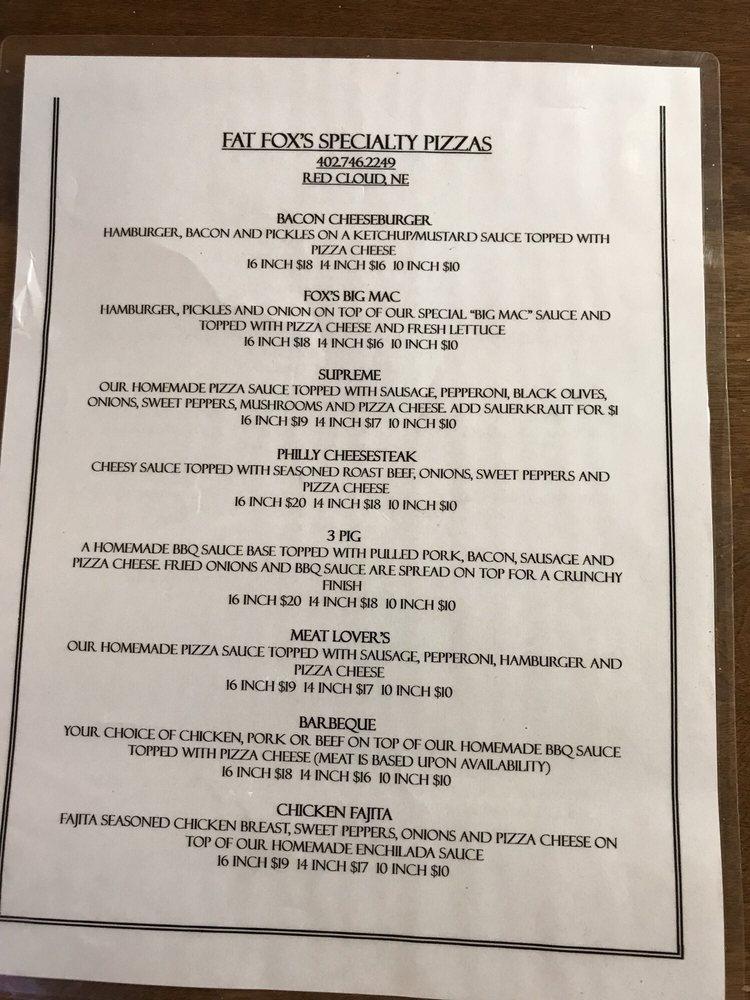 Menu at Fat Fox's pizzeria, Red Cloud
