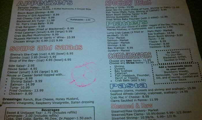 Menu at Mr. Fish Seafood Restaurant, Myrtle Beach