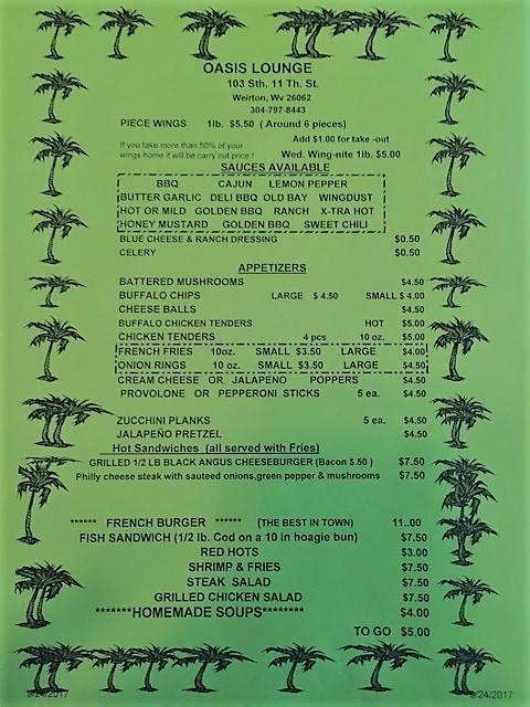Menu at Oasis Lounge pub & bar, Weirton