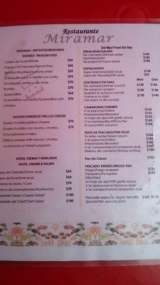 Menu at Restaurant Miramar, Campeche