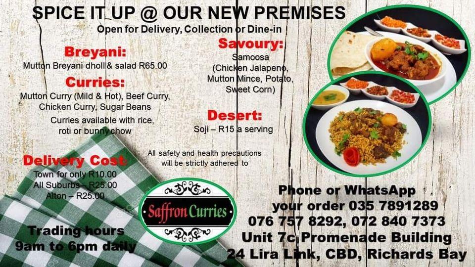 Menu at Saffron Curries restaurant, Richards Bay