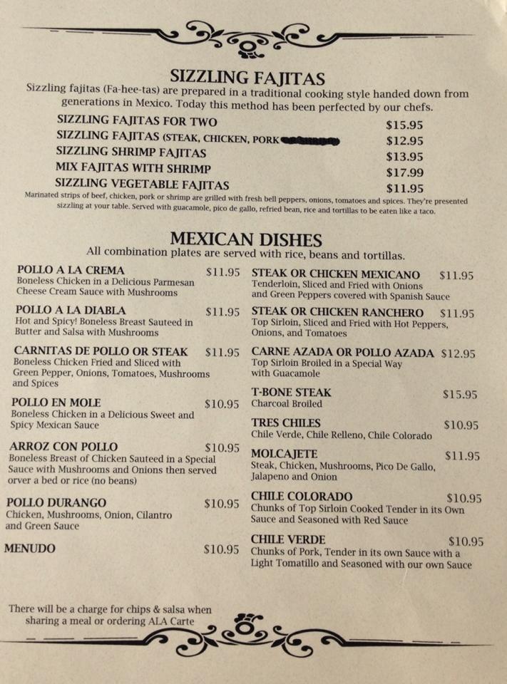 Menu at Señor Garcia's Puerto Vallarta restaurant, Pocatello