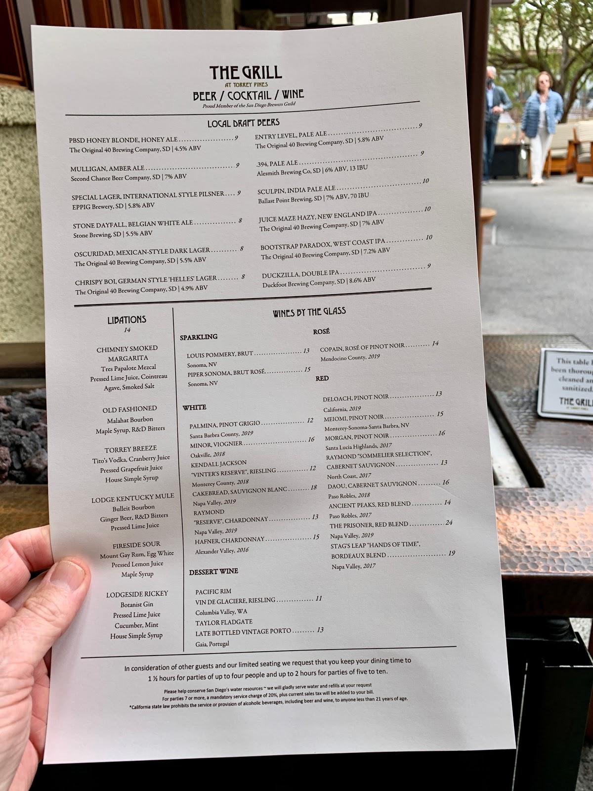 Menu at The Grill at Torrey Pines restaurant, San Diego, N Torrey Pines Rd