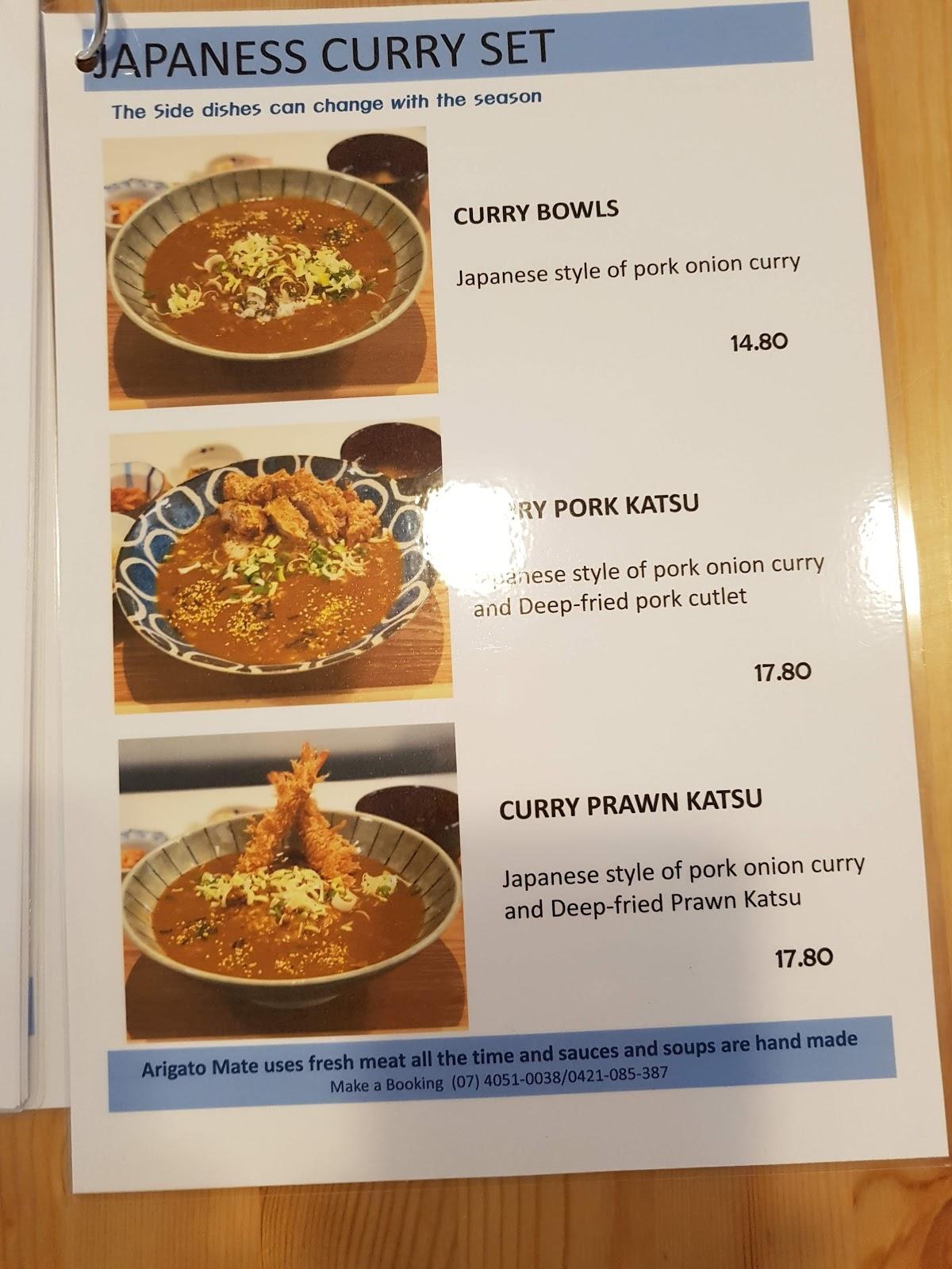 Menu at Arigato Mate restaurant, Cairns City