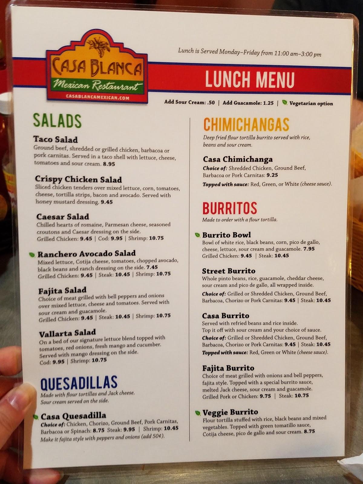 Menu at Casa Blanca Mexican Restaurant, Billerica