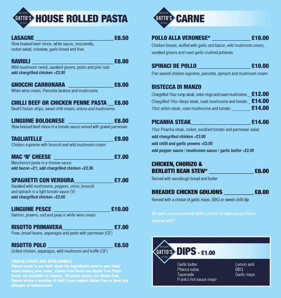 Menu at Gattos restaurant, Ballymena